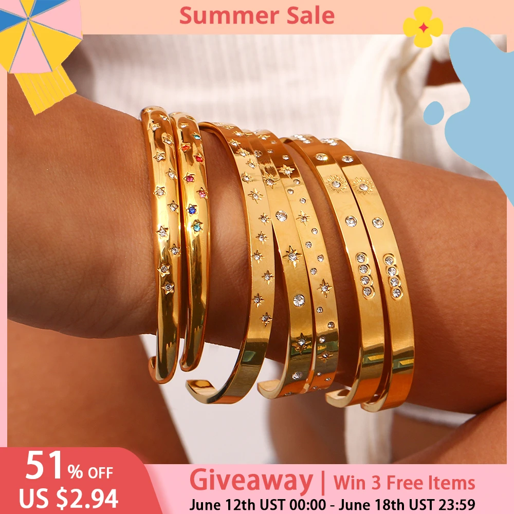 18K Gold Plated Waterproof Tarnish Free Crystal Zircon Pave Shiny Star Moon Cuff Bangles ...