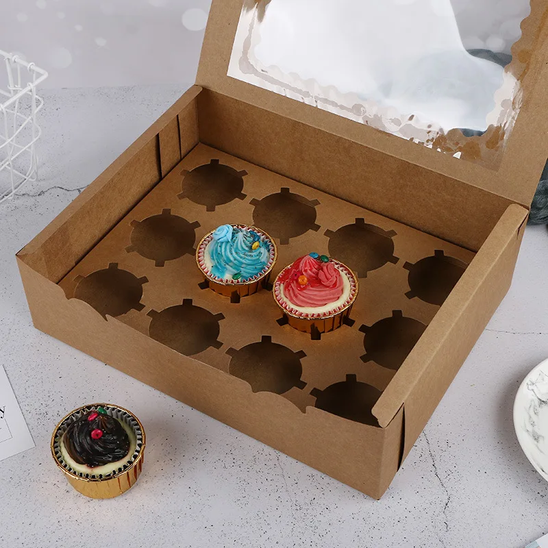 12 Hole Cupcake Boxes Kraft PaperTransparent Windows Cake Cookie Boxes ...