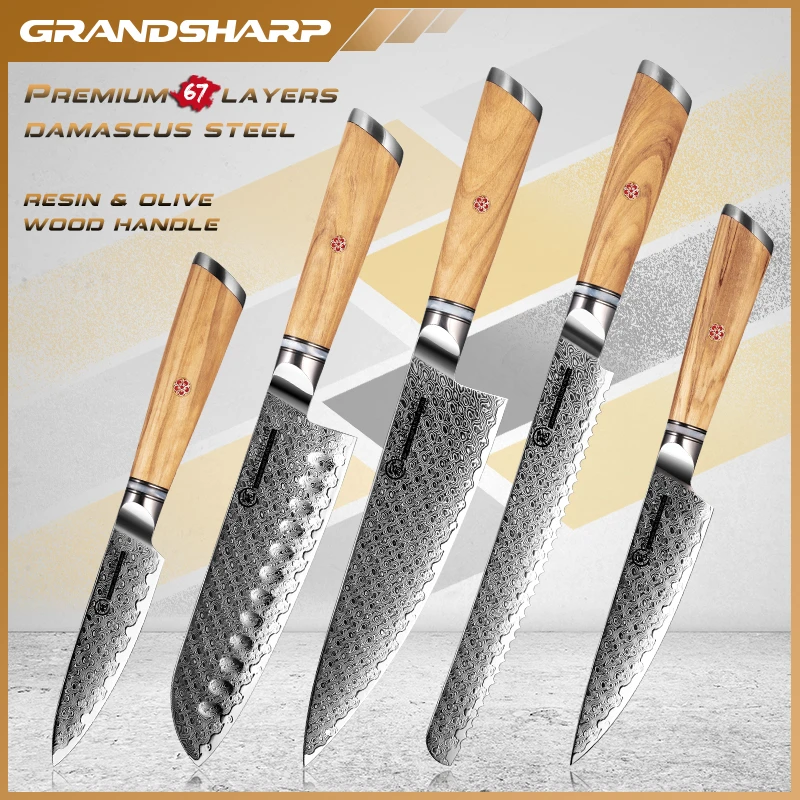 Grandsharp 1 5 Pcs Kitchen Knife Set Japanese Damascus Knife AUS 10 Steel Chef Utility Bread ...