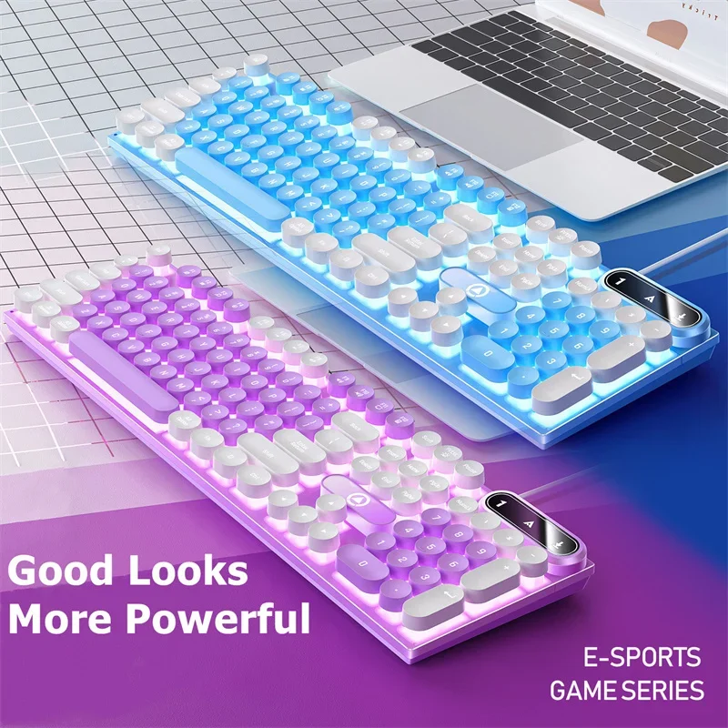 Retro-Punk-Round-Keycap-Gaming-Keyboard-Wired-RGB-Backlit-Keyboard-USB ...