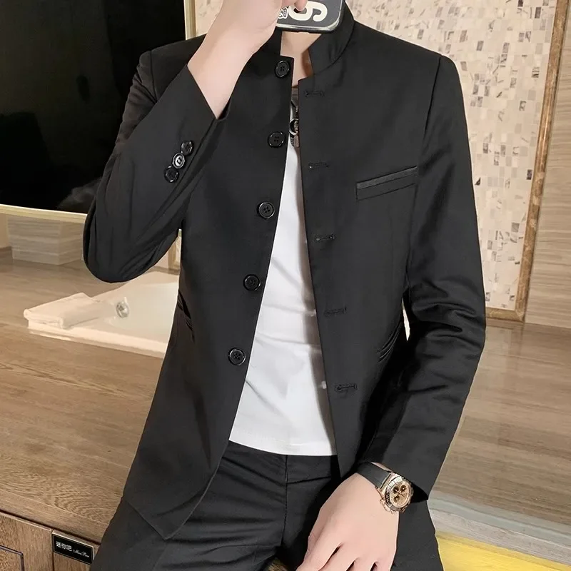 Black-Chinese-Style-Stand-Collar-Long-Sleeve-Mens-Slim-Fit-Fashion ...