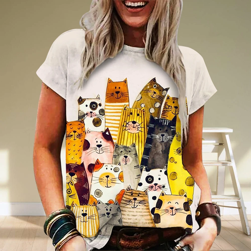 Summer-Women-Cartoon-Cat-T-Shirt-Fashion-Trend-Tops-Ladies-Casual-Short ...