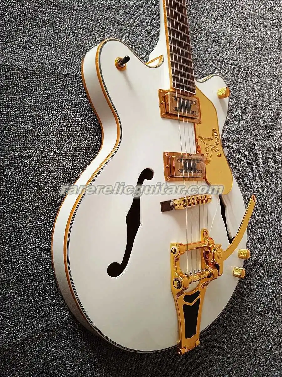 White-Falcon-Semi-Hollow-Body-Jazz-Electric-Guitar-Gold-Sparkle-Binding ...