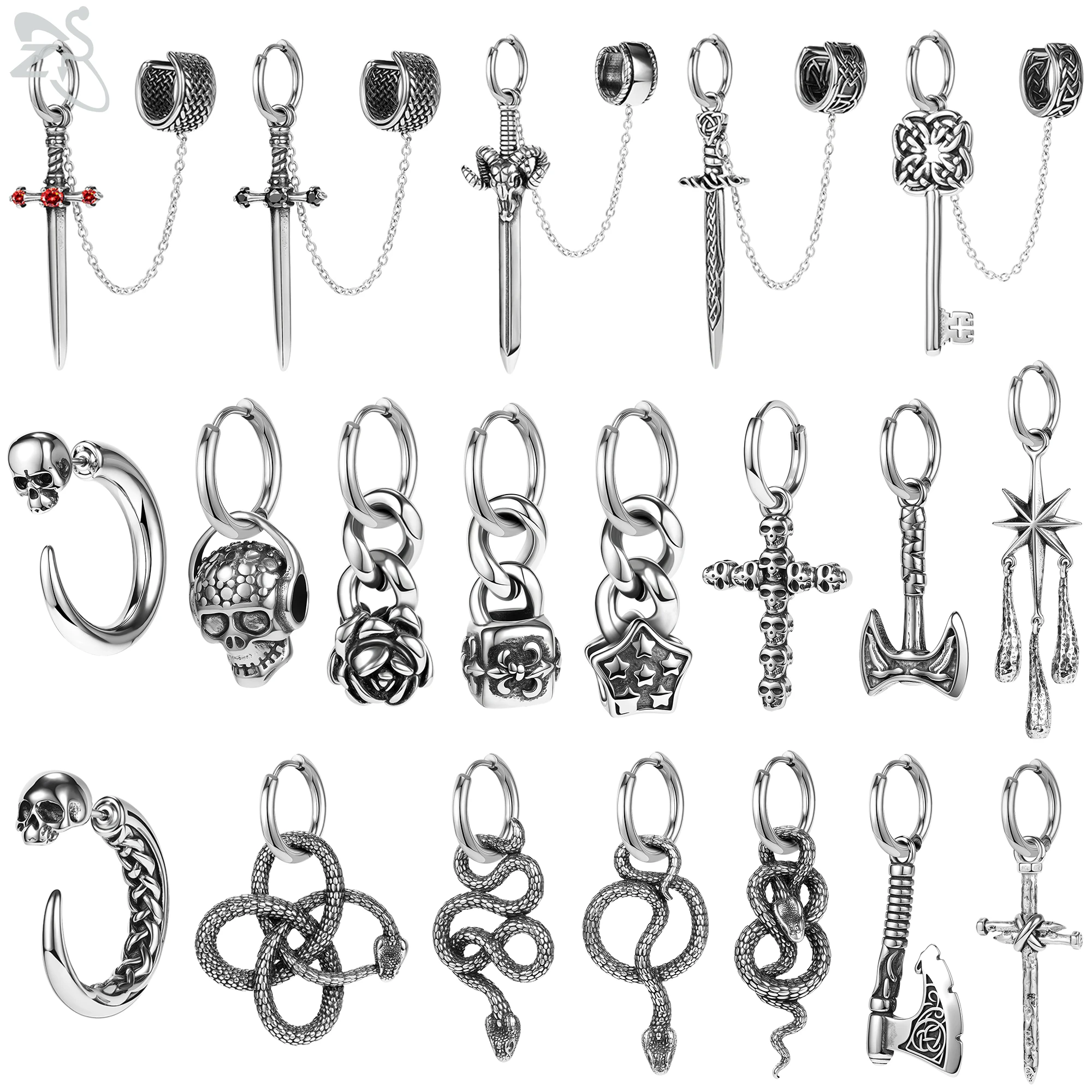 ZS-1-Pair-Punk-Snake-Skull-Shape-Stainless-Steel-Hoop-Earrings-Sword ...