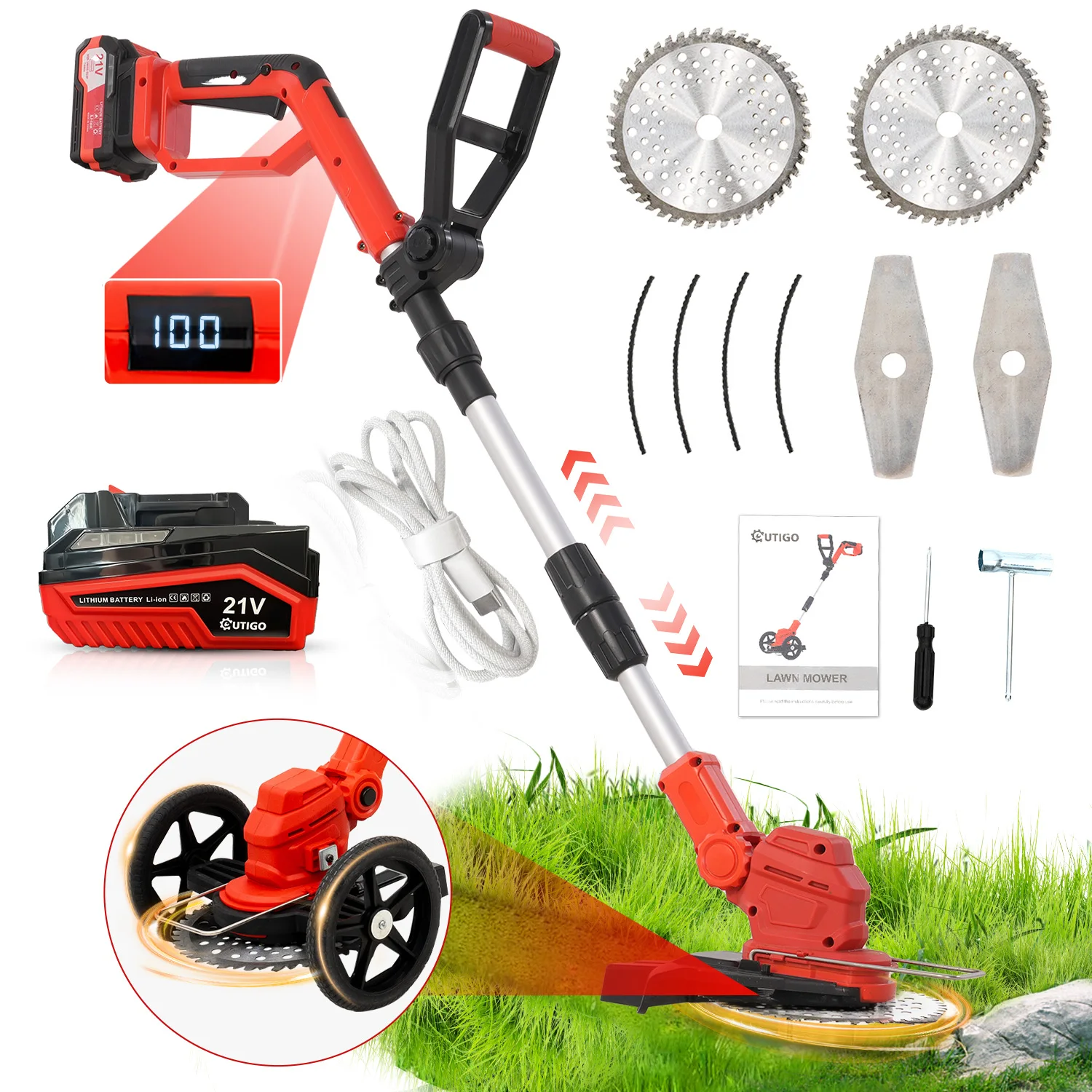 21V battery adjustable telescopic handle for yard/garden size lawn ...