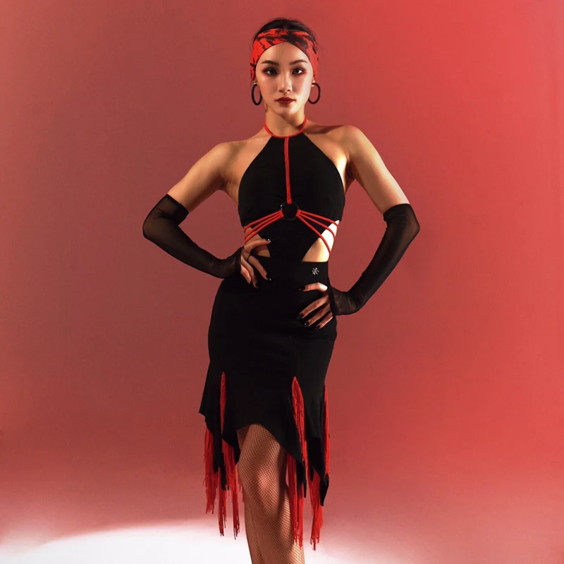 New-Latin-Dance-Competition-Dress-For-Women-Red-Black-Sling-Tops ...