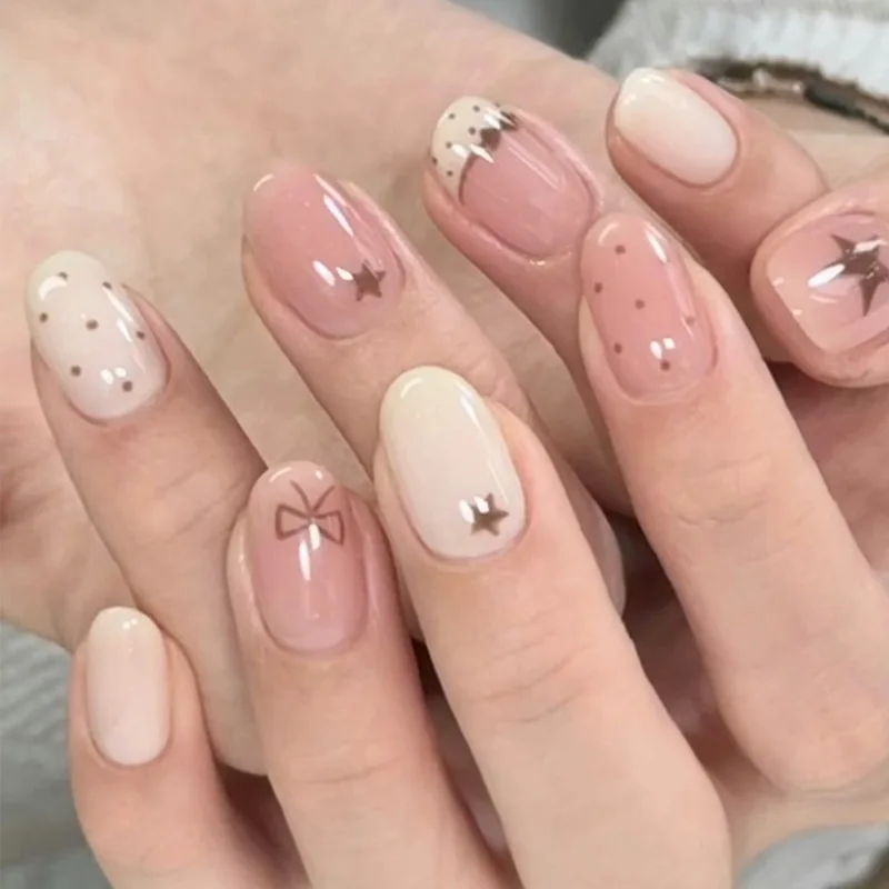 24PCS Sweet French White Edge False Nails Cute Cherry Almond Press on ...