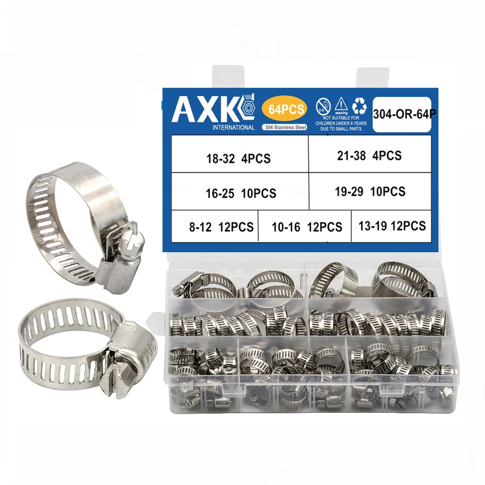64pcs Hose Clamp Assortment Kit Adjustable 8-38Mm Worm Gear Hose Clip ...