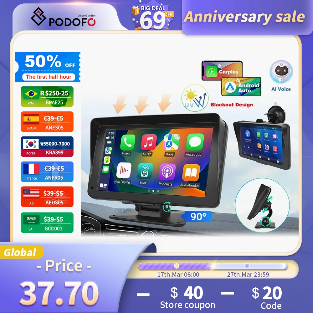 Podofo-7-Car-Mirror-Carplay-Recording-Carplay-Android-Auto-Voice ...