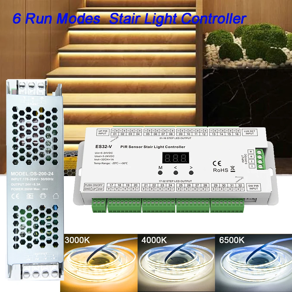 SKYDANCE-PIR-Sensor-Stair-Light-Controller-KIT-ES32-V-6-Run-Modes-32CH ...