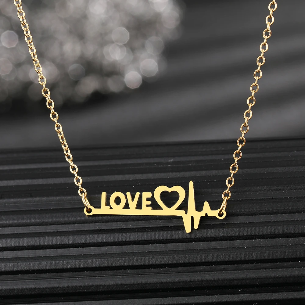 Stainless-Steel-Necklace-Letters-Love-Heartbeat-Pendants-Chains-Choker ...