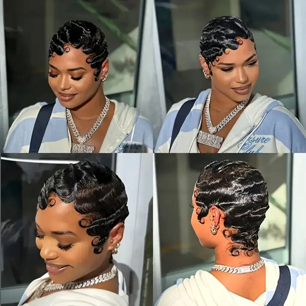 Finger Wave Pixie Cut Wig for Women Remy Human Hair Machine Made wig ...