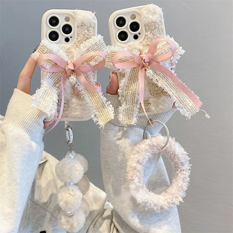Korean-Luxury-Woven-Wool-Bowknot-Plush-Balls-Phone-Case-For-iPhone-15 ...