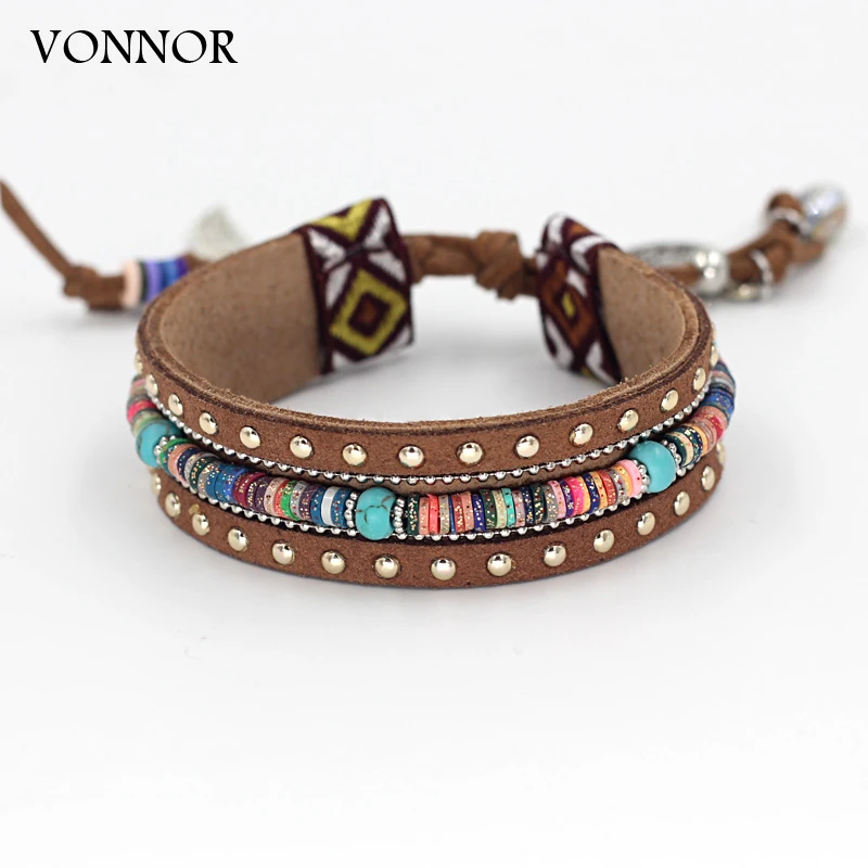 VONNOR 수제 보석 가죽 팔찌 보헤미안 클레이 비즈 스트랜드 여성을위한 화려한 리본 팔찌 Gilrs 액세서리 선물 ...