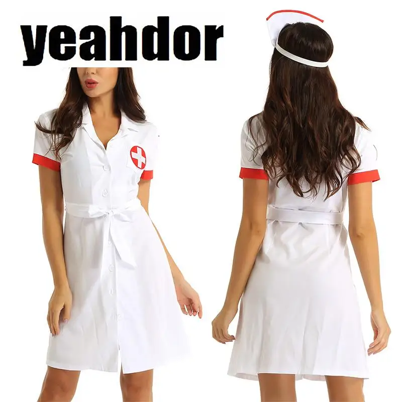 Women Nurse Dress Cosplay Uniform with Belt Hat for Halloween Party ...