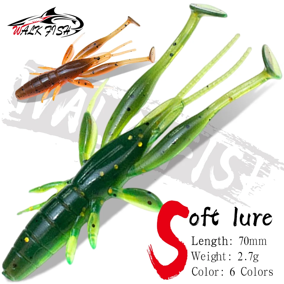 WALK FISH 8Pcs 70mm 2.7g TPE Floating Shrimp Lure Fishing Bait T-Tail ...