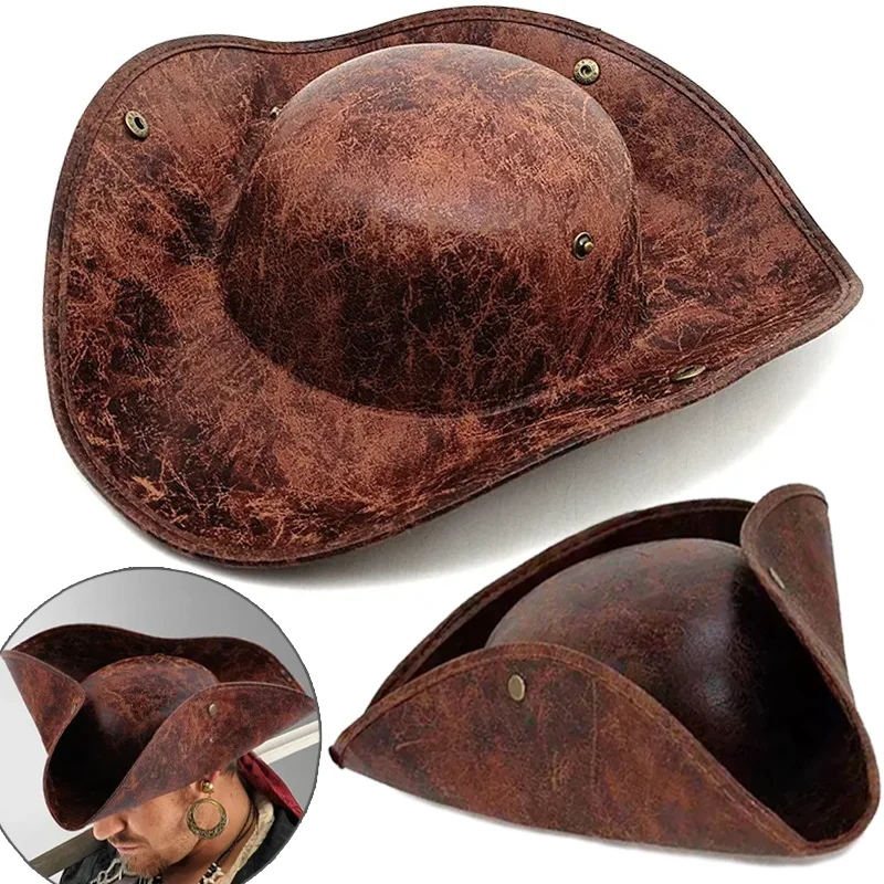 Retro Pirate Triangle Hat Faux Leather Pirate Captain Hat Cowboy Button ...