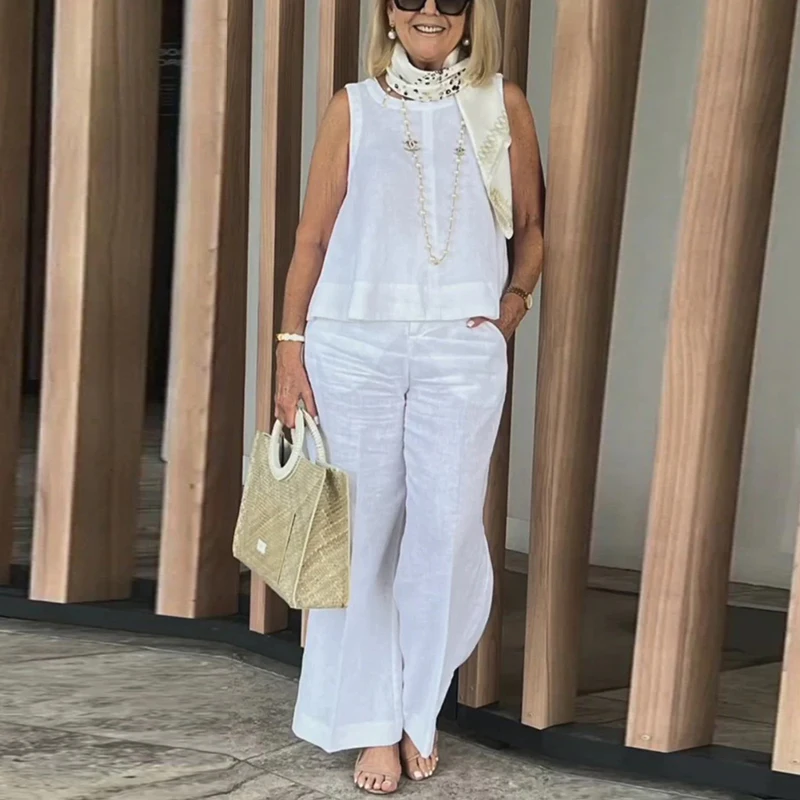 Ensemble-deux-pi-ces-en-coton-et-lin-pour-femme-haut-col-rond-pantalon ...