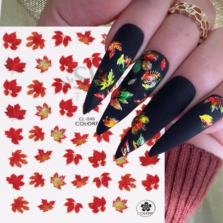 Holographic Laser Leaf Maple Fall Nail Art Stickers For Manicure Red ...