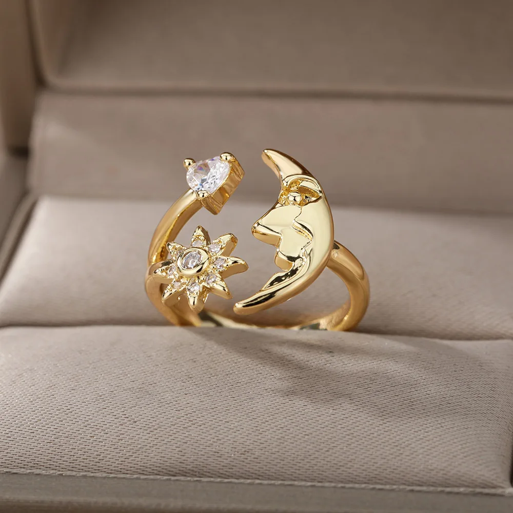 Gothic Sun Moon Face Rings For Women Luxury Gold Zircon Heart ...