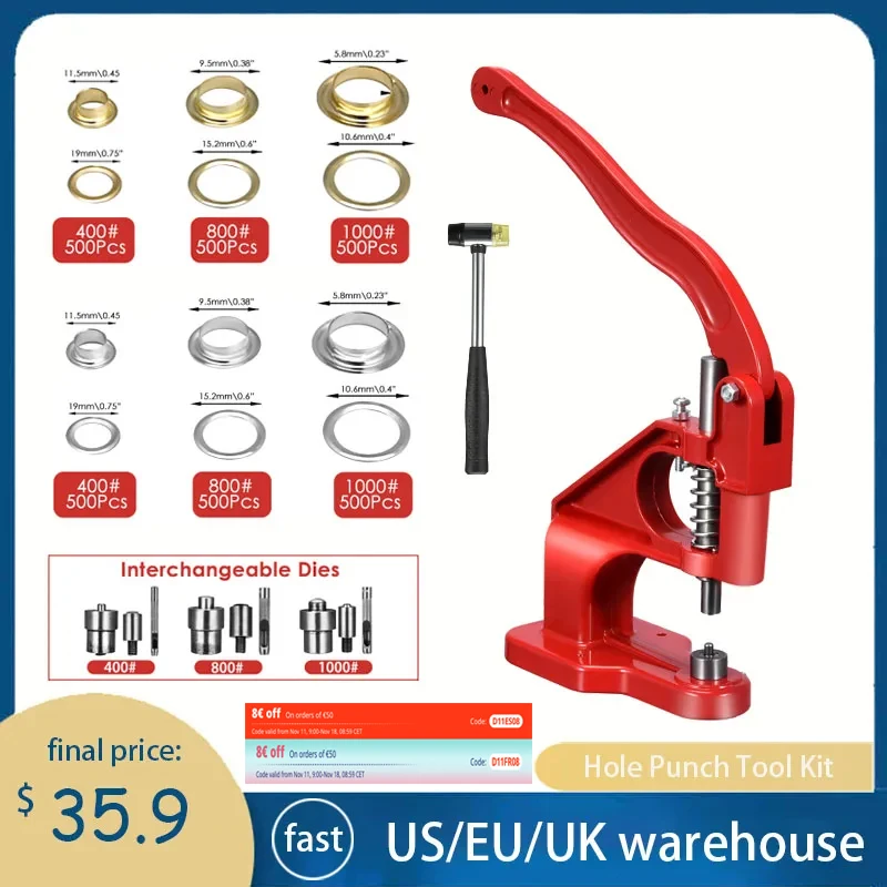 Eyelet Punch Tool Set Snap Buttons Metal Eyelets Comes with 3 dies 3000 ...