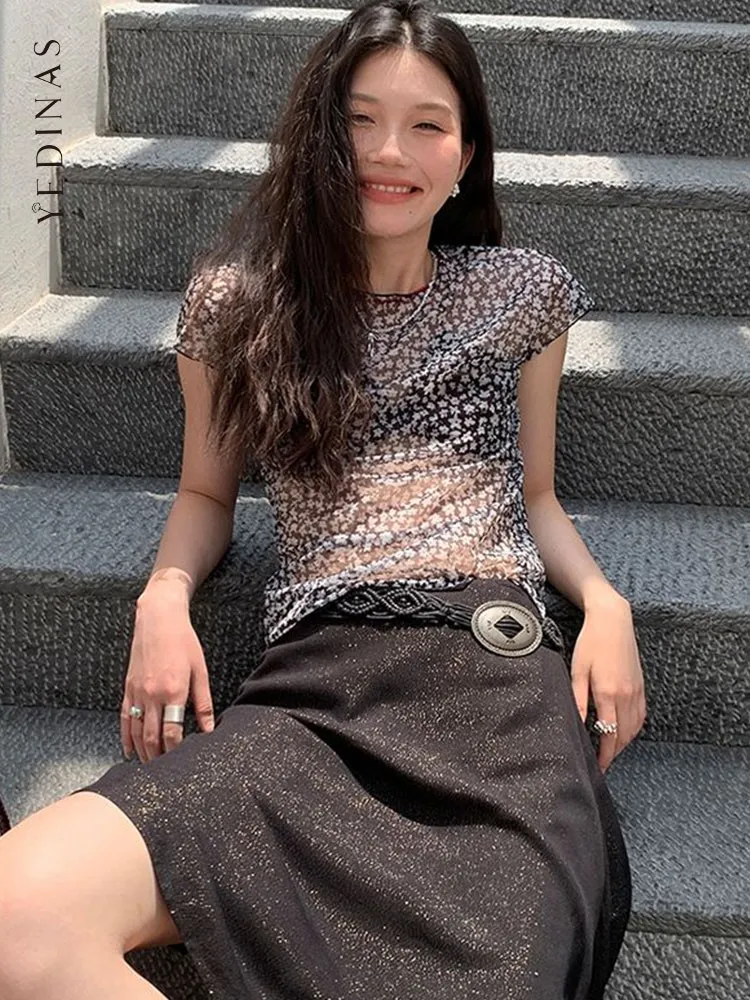 Yedinas-Hotsweet-Summer-Tops-Short-Sleeve-Korean-Fashion-Sheer-Floral-T ...