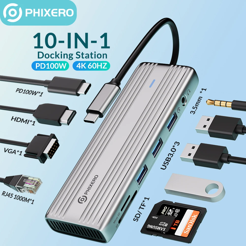 Phixero Docking Station Type C Hub To 4k 60hz Hdmi Compatible Usb 3.0 ...
