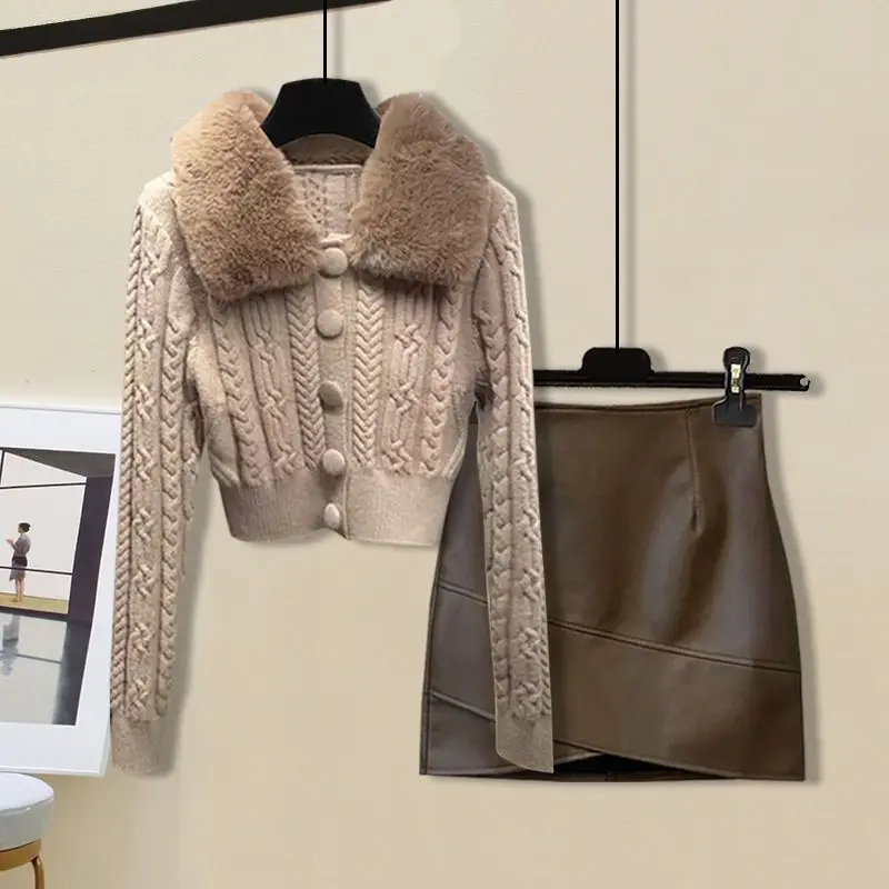 Women-Winter-Autumn-Y2K-Suit-Sweater-Cardigan-Crop-Tops-And-PU-Leather ...