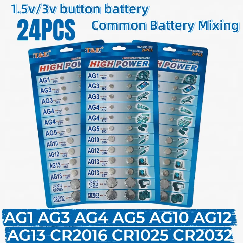 24PCS 1.55V Button Batteries CR2032 CR2016 AG10 AG13 LR44 SR44 A76 for ...