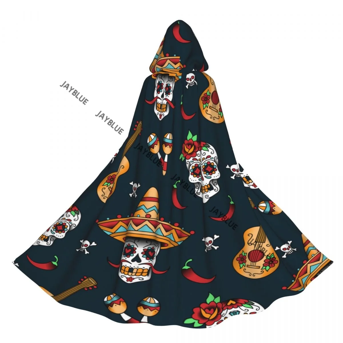 Mexican Skull Pattern Hooded Cloak Polyester Unisex Witch Cape Costume ...