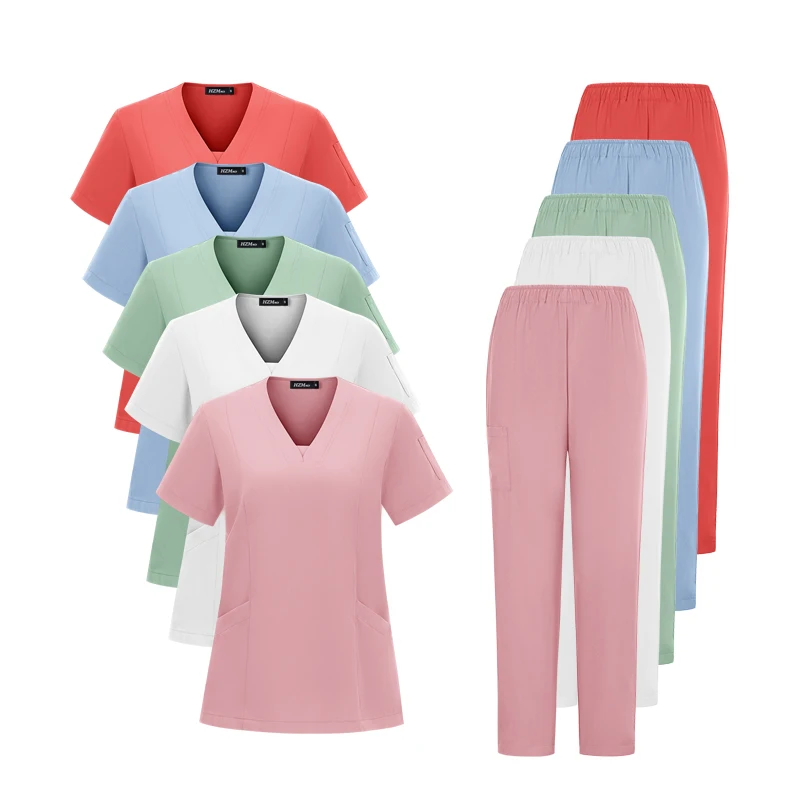 New-Scrubs-Set-Medical-Uniforms-Stretch-Scrub-Tops-with-Pocket-Pants ...