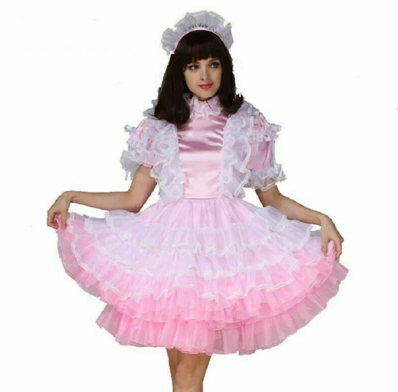 Neue sissy abschließbar Organza licht rosa flauschige maid kleid kleid uniform cosplay
