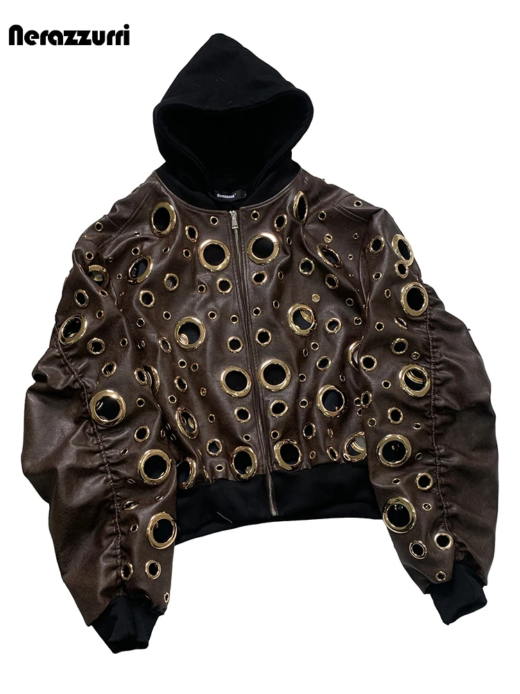 Nerazzurri Autumn Oversized Hollow Out Gold Pu Leather Jacket Men with ...