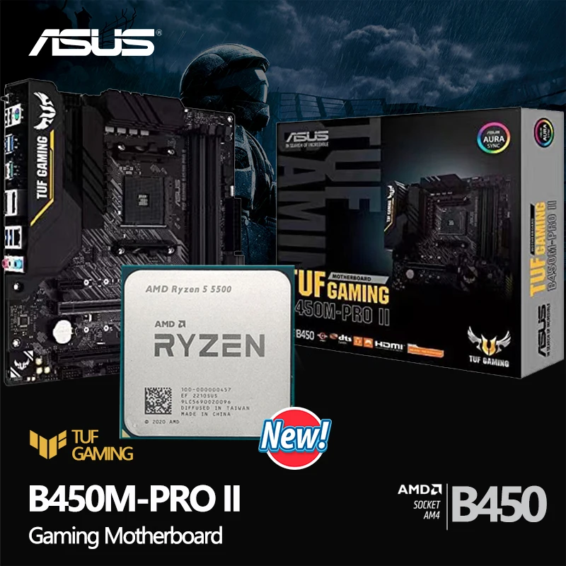Novo amd ryzen 5 5500 r5 5500 + asus tuf gaming b450m pro ii amd b450 suporte r3 r5 r7 r9 am4 ...