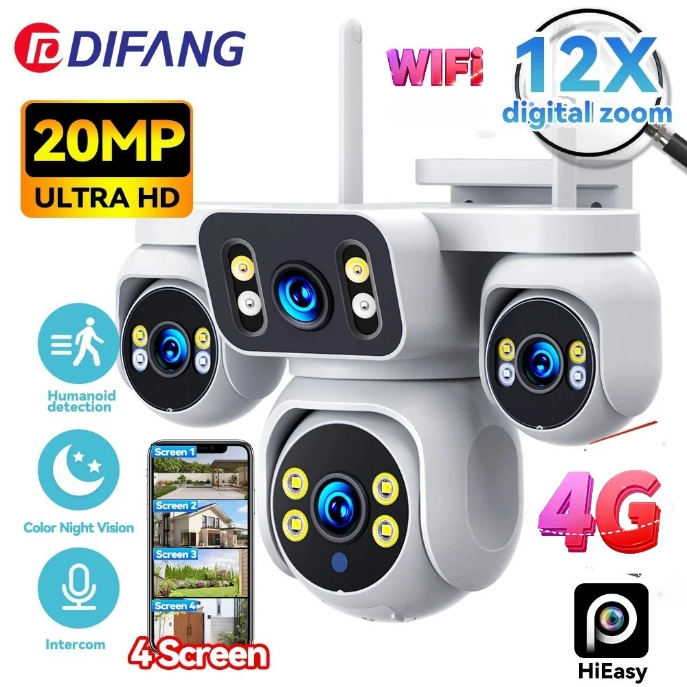 New 10K 20MP WiFi Security Camera 4 Lens 4 Screen 360° CCTV 12X Zoom ...