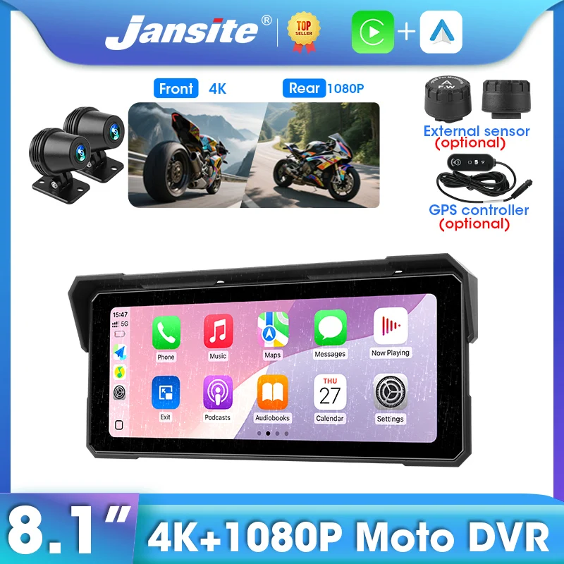 Jansite 8,1 "navegador GPS Carplay para motocicleta 4K + 1080P lente ...