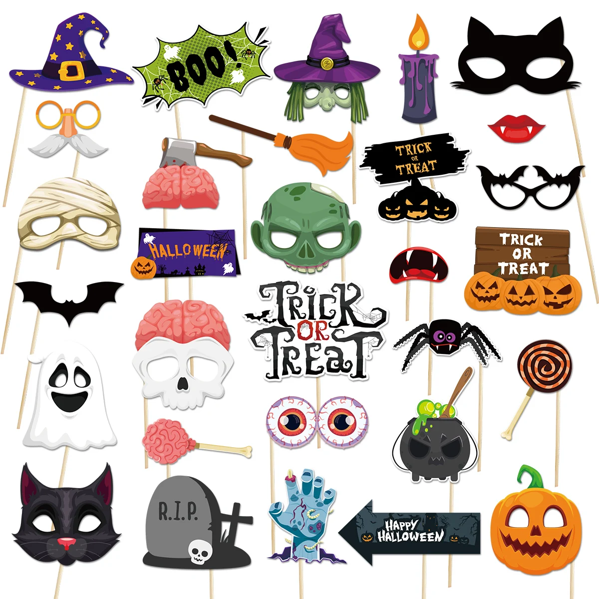 30pcs Happy Halloween Photo Booth Props Kit Witch Hat Pumpkin Bat Fancy ...