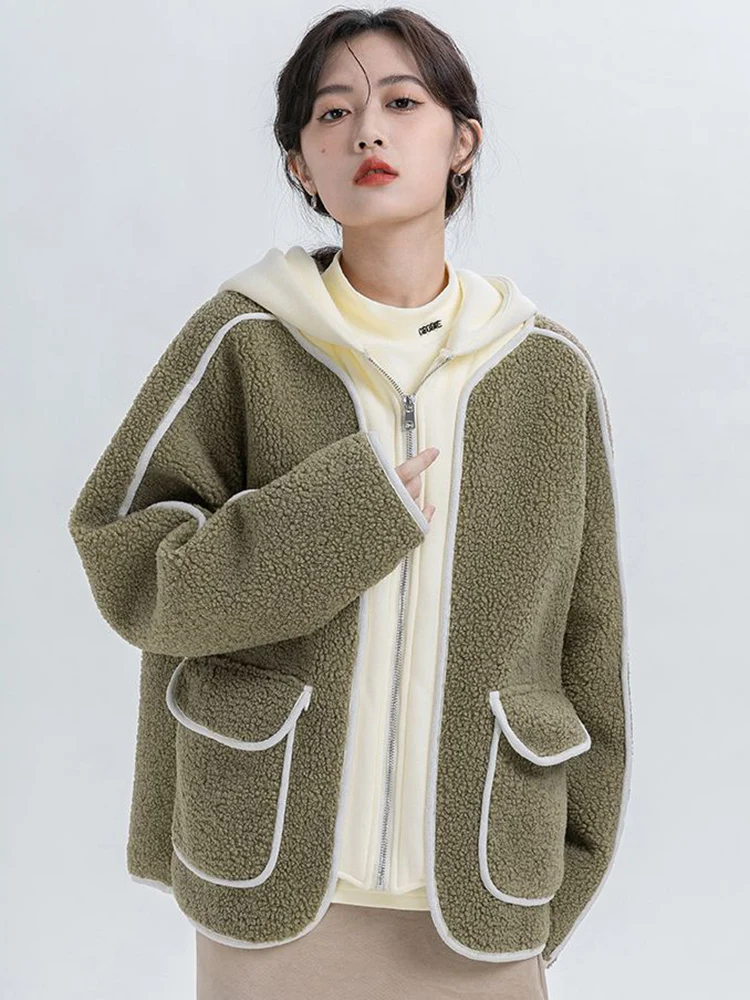 Zoki Women Patchwork Faux Lamb Coats Casual Thin Long Sleeve Fake Two
