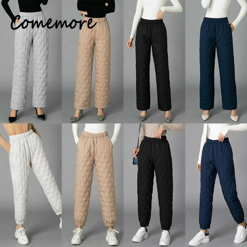 Comemore 여성용 따뜻한 다운 코튼 바지 패딩 퀼트 두꺼운 바지 탄성 허리 경량 캐주얼 바지 겨울 패션 2023