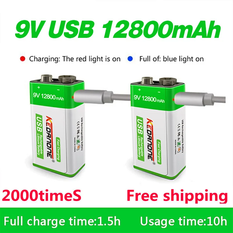 9V Rechargeable Battery 12800mAh 6F22 Micro USB 9v Li-ion Lithium ...