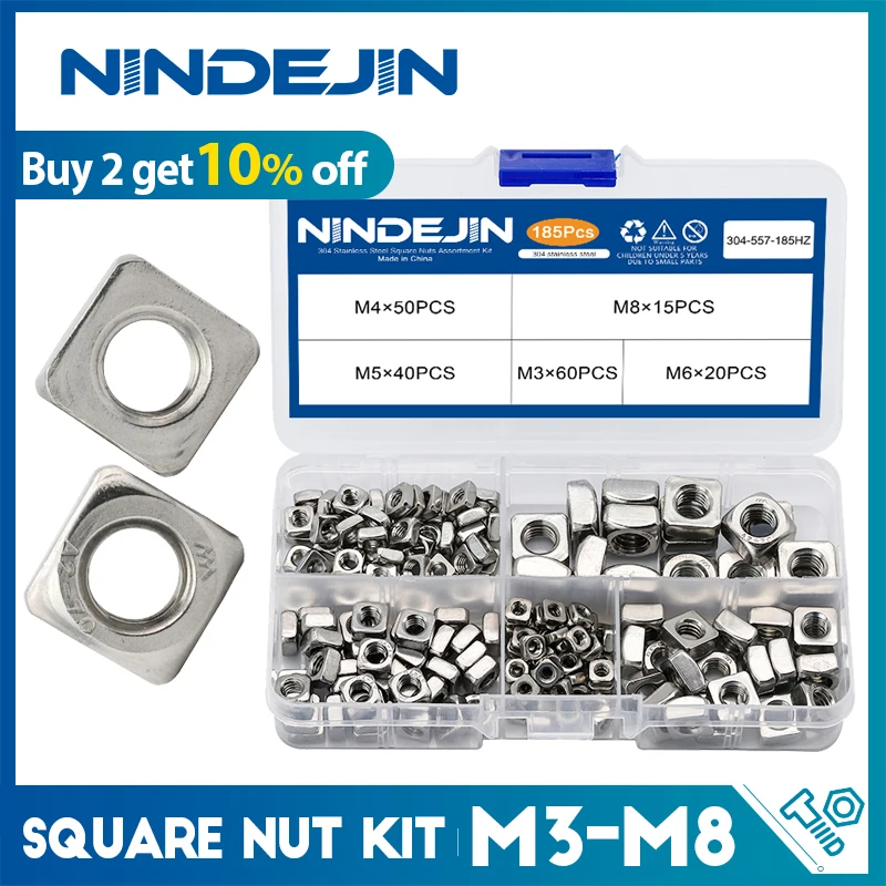 NINDEJIN-185pcs-Square-Nuts-Kit-Stainless-Steel-M3-M4-M5-M6-M8-Mixing ...