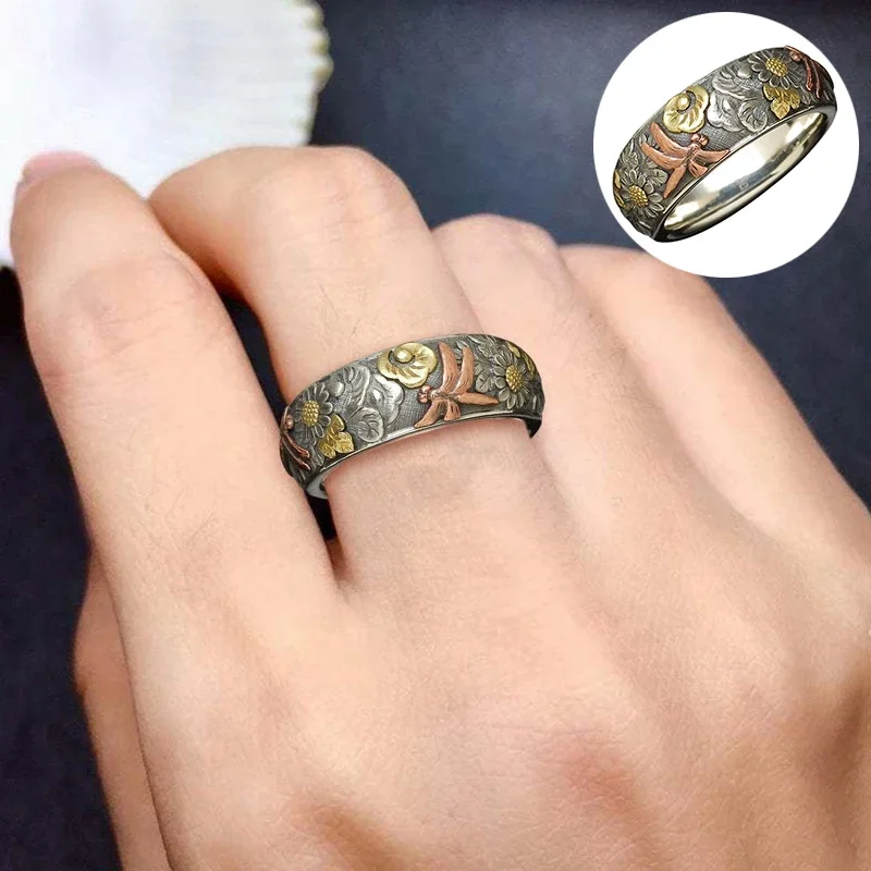 Unique Metal Vintage Engraved Sunflower Dragonfly Pattern Rings for ...