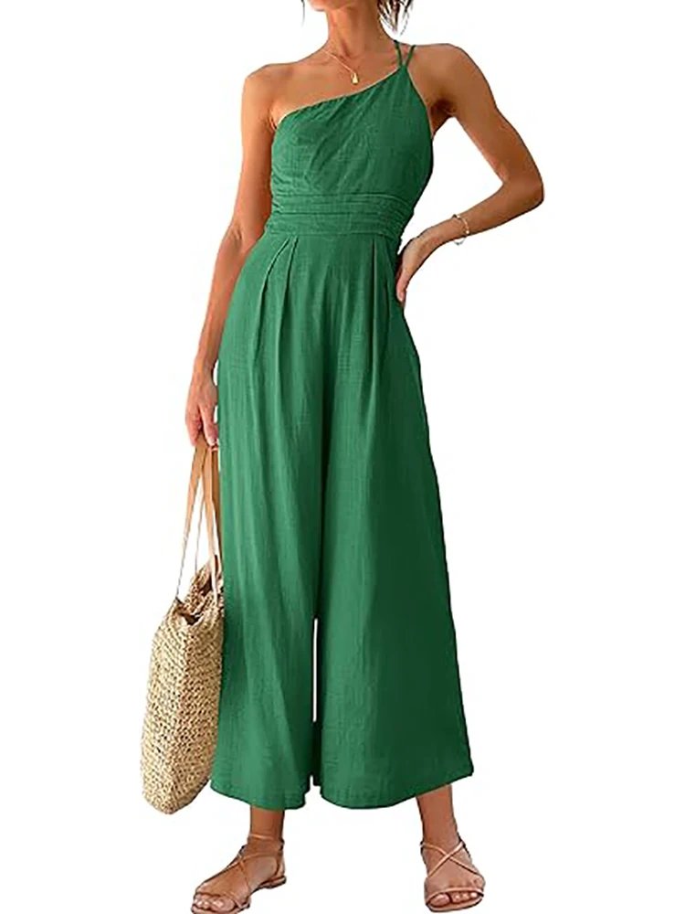 Womens-Jumpsuit-Summer-Linen-Wide-Leg-Romper-Straps-One-Shoulder ...