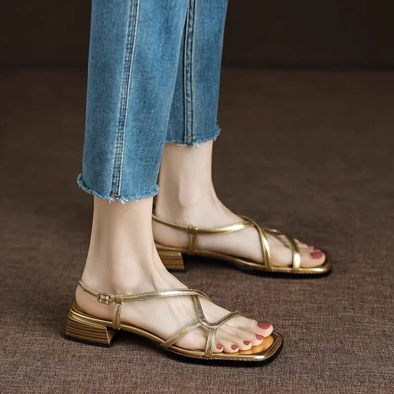 New-Women-s-Sandals-Cross-tied-Low-Heels-Gladiator-Sandal-Gold-Narrow ...