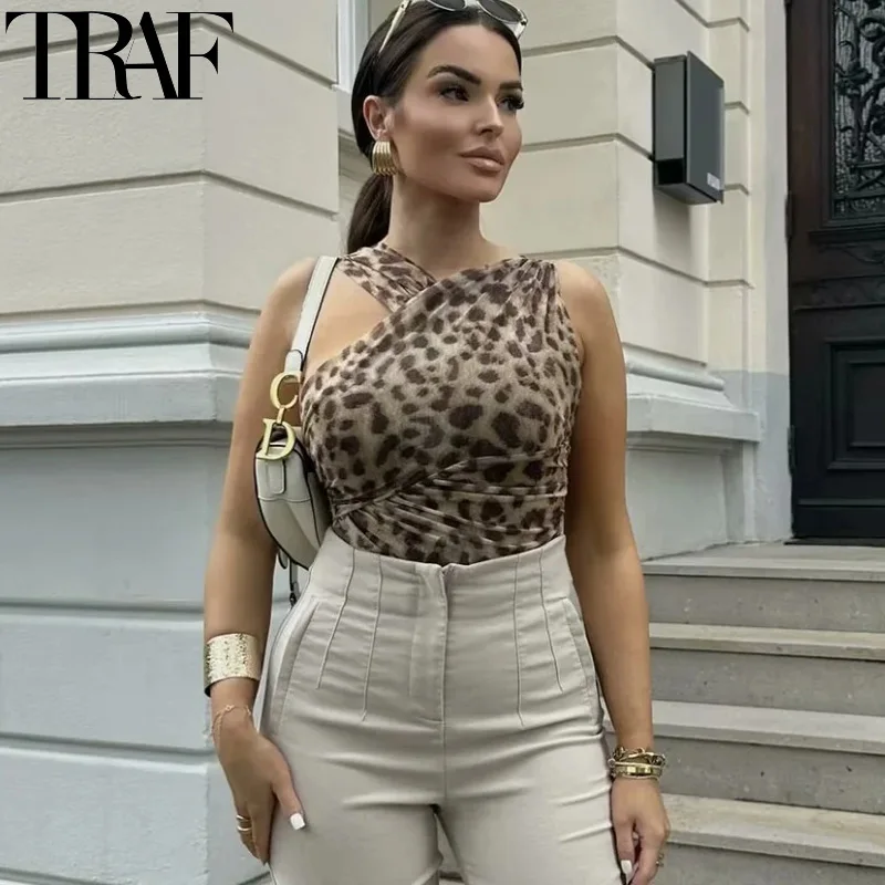 TRAF-Body-de-tul-de-leopardo-asim-trico-para-mujer-fruncido-sin-mangas ...