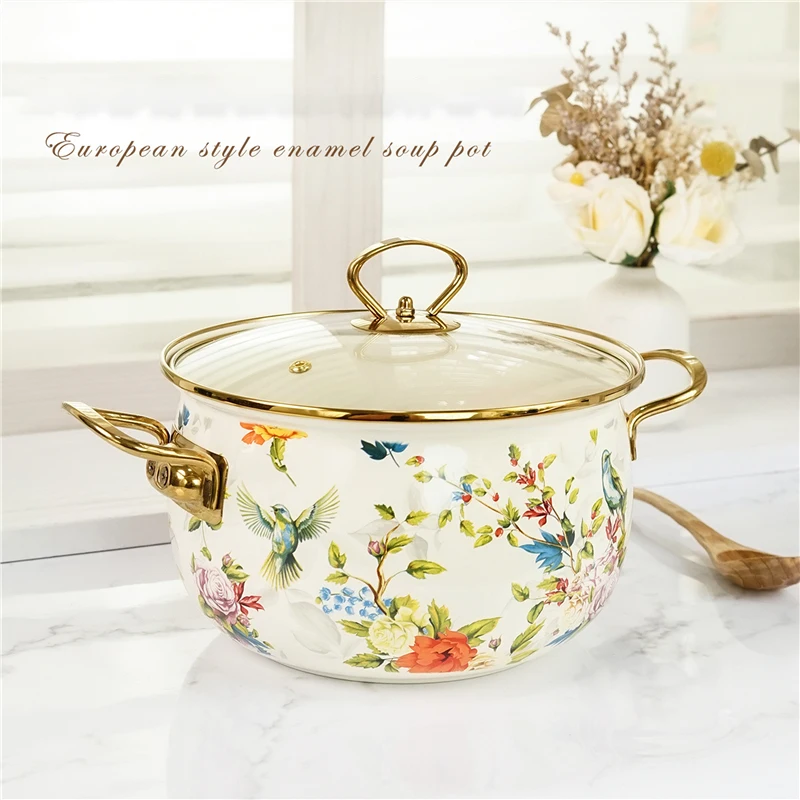 Enamel Soup Pot Delicate Cookware Retro Flower Double Handle Large ...