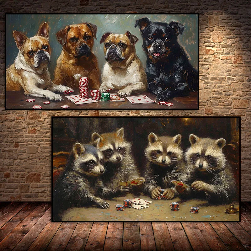 Funny-Animal-Raccoon-Dogs-Playing-Poker-Casino-Pub-Art-Poster-Canvas ...