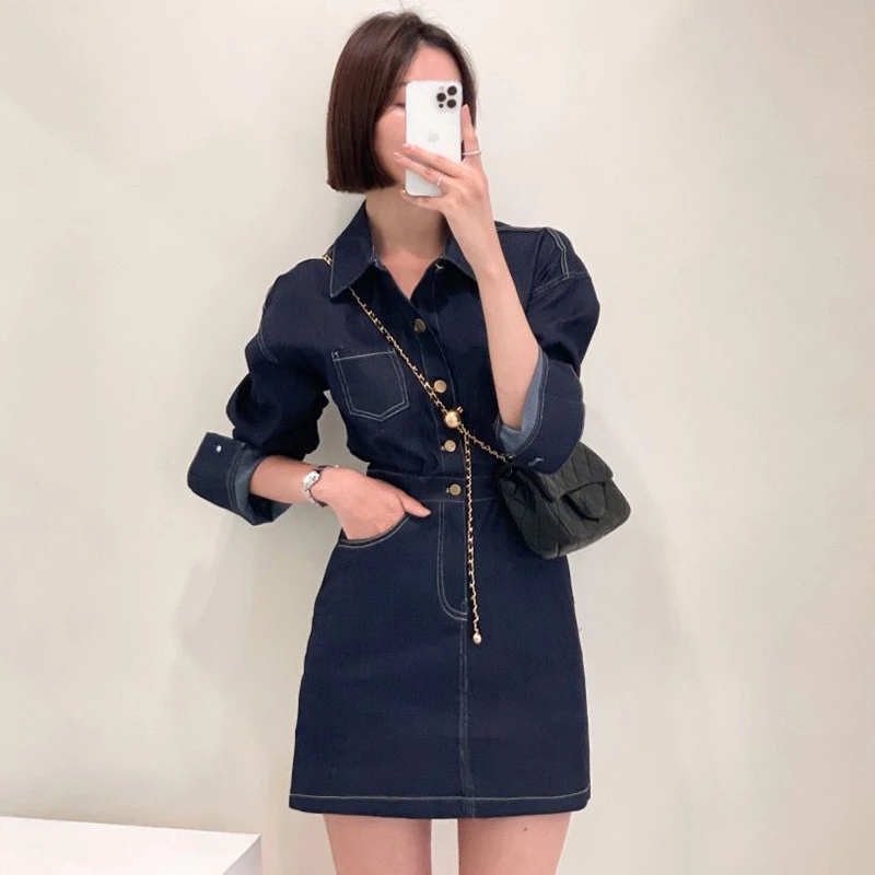 세련된 한국 스타일 복고풍 데님 드레스 서양식 라펠 오픈 라인 디자인 싱글 브레스트 허리 포옹 슬리밍 긴팔 가을 드레스