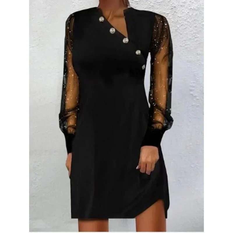 Elegant Black Midi Dress Women Asymmetric V-neck Button Chic Sequin ...
