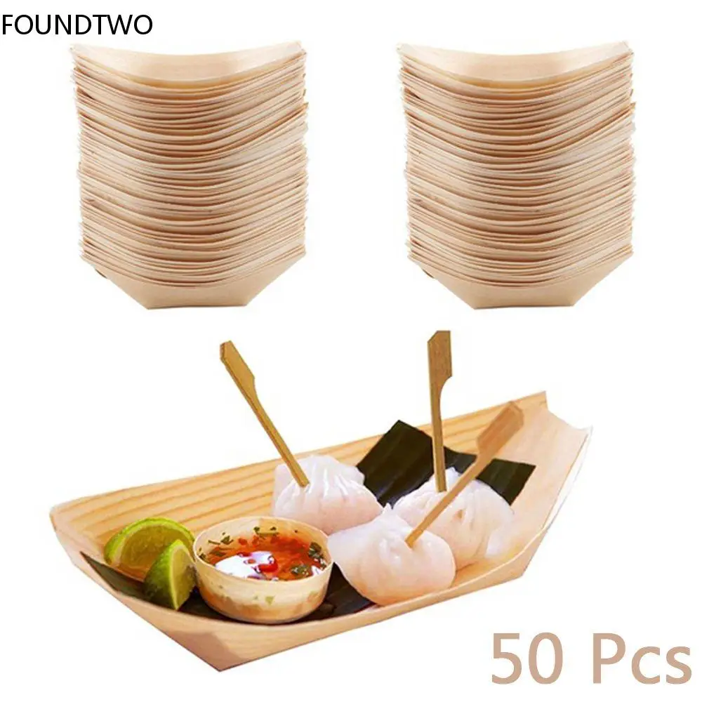 50pcs-Wooden-Boat-Shape-Plates-Disposable-Salad-Dessert-Pine-Cake-Snack ...